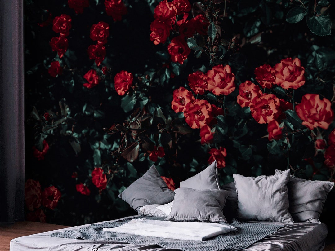 Red Flowers Wallpaper, Red Floral Wall Mural, Bush Rose Peel and Stick ...