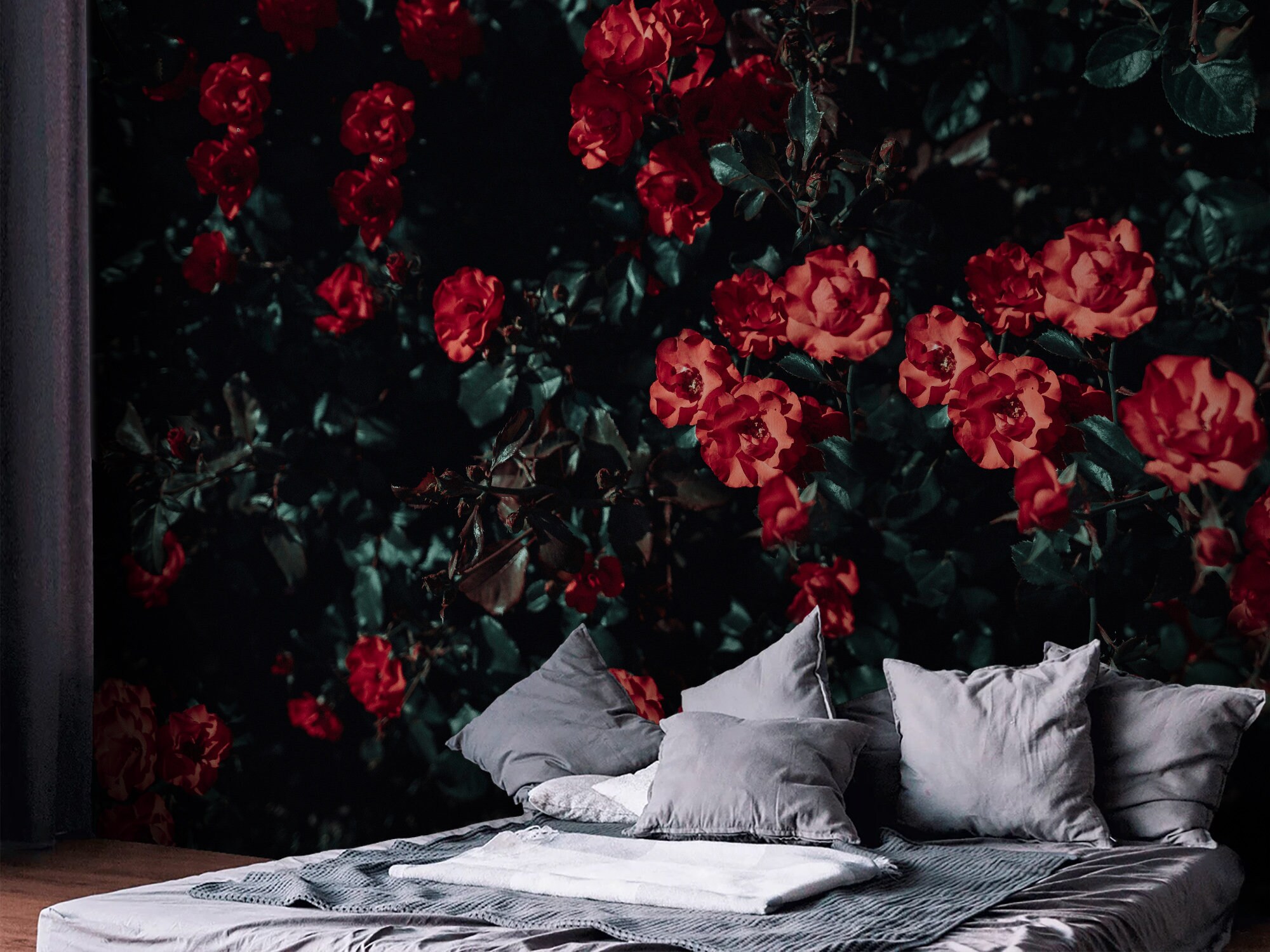 Red Flowers Wallpaper, Red Floral Wall Mural, Bush Rose Peel and Stick ...