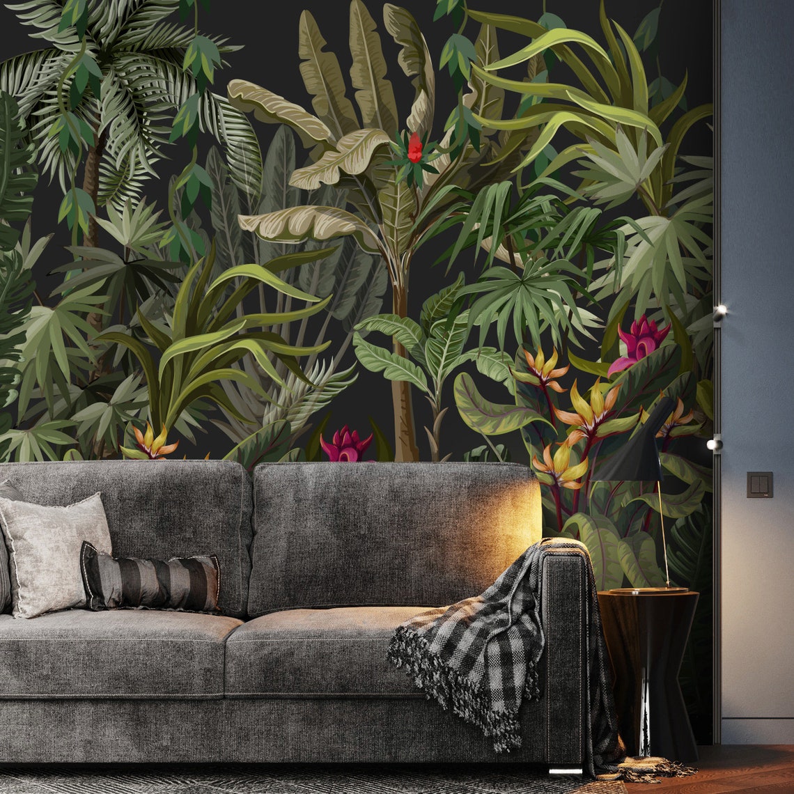 Botanical Wallpaper Dark Tropical Plants Wall Mural Floral - Etsy