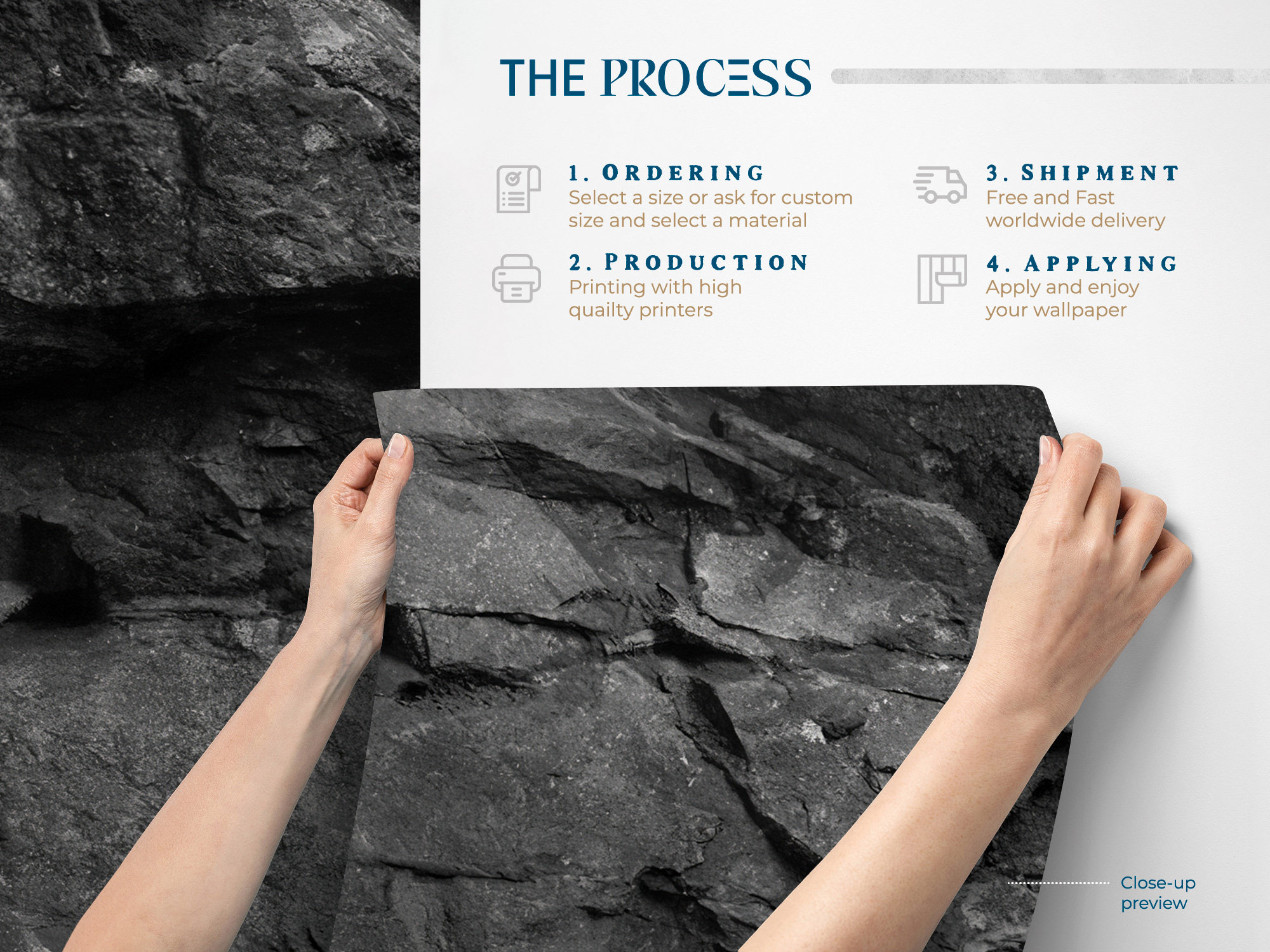 Rock Wallpaper, 3D Stone Texture Wall Mural, Dark Realistic Peel and ...