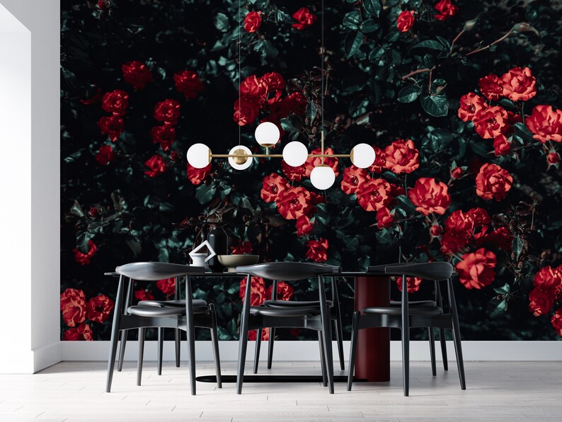 Red Flowers Wallpaper, Red Floral Wall Mural, Bush Rose Peel and Stick ...