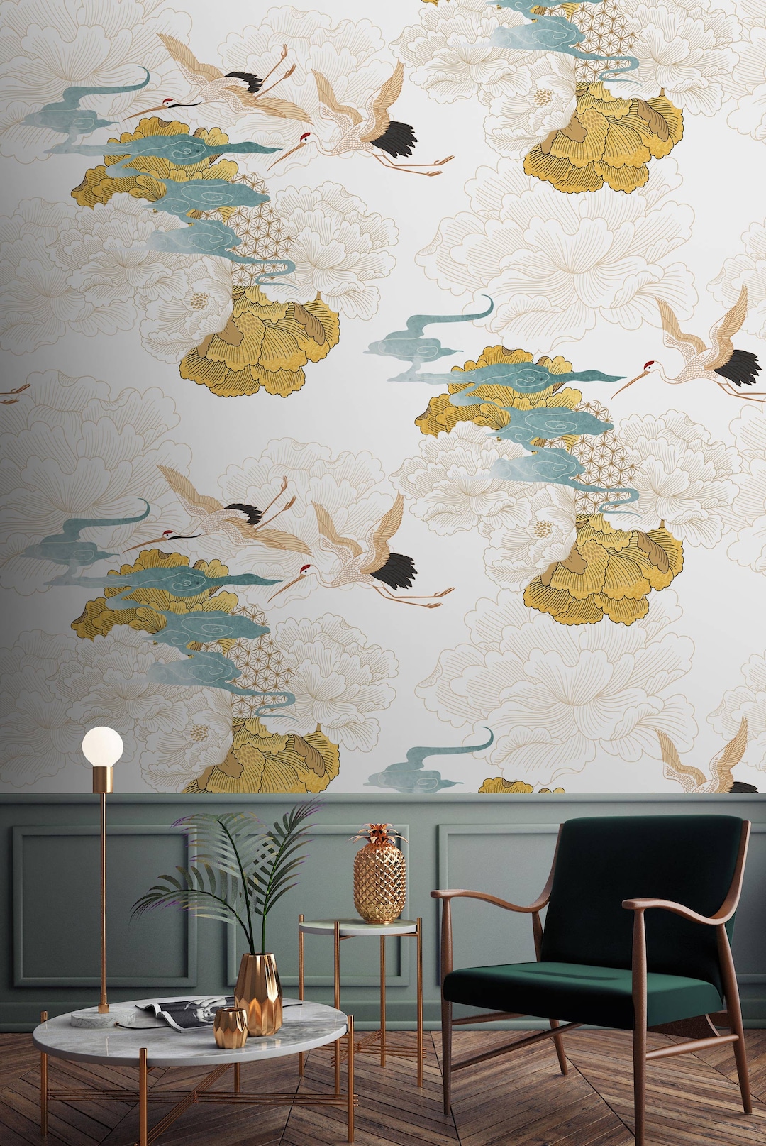 Birds Wallpaper, Cranes Wall Mural, Gold Luxury Watercolor Peel and ...