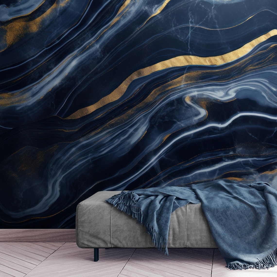 Gold and Navy Peel and Stick Wallpaper Dark Blue Luxury Wallpaper Self ...