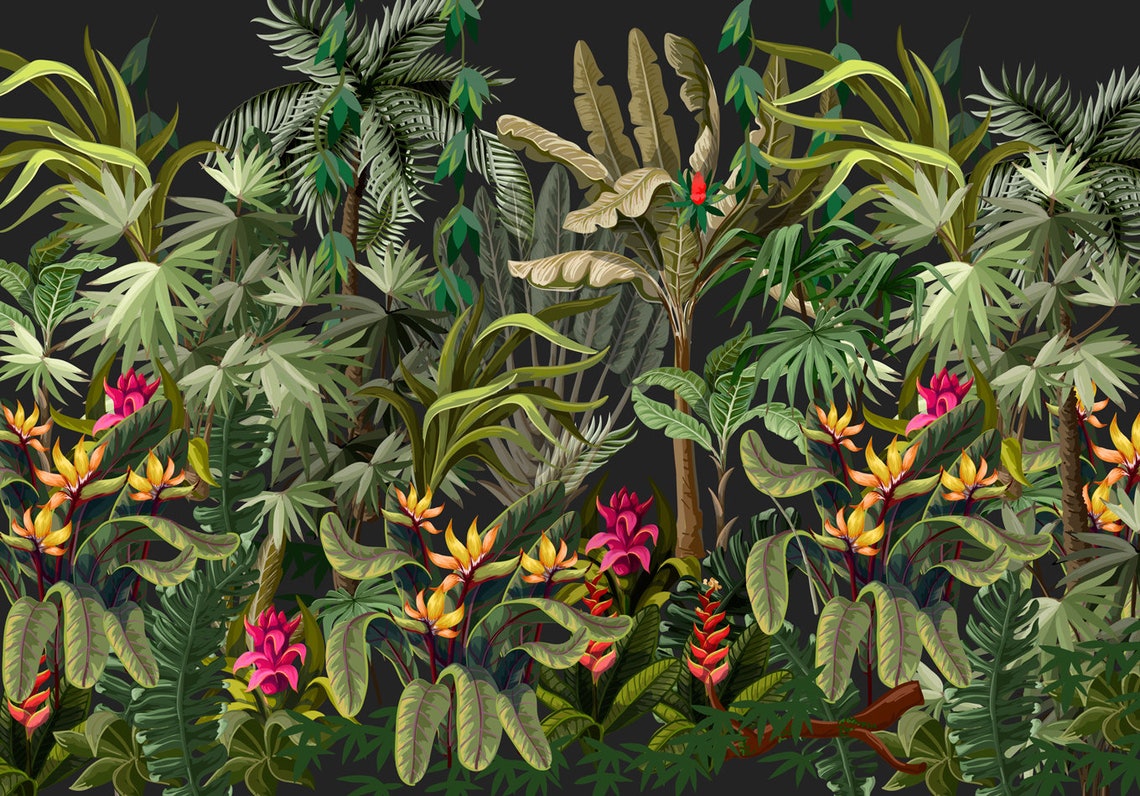Botanical Wallpaper Dark Tropical Plants Wall Mural Floral - Etsy