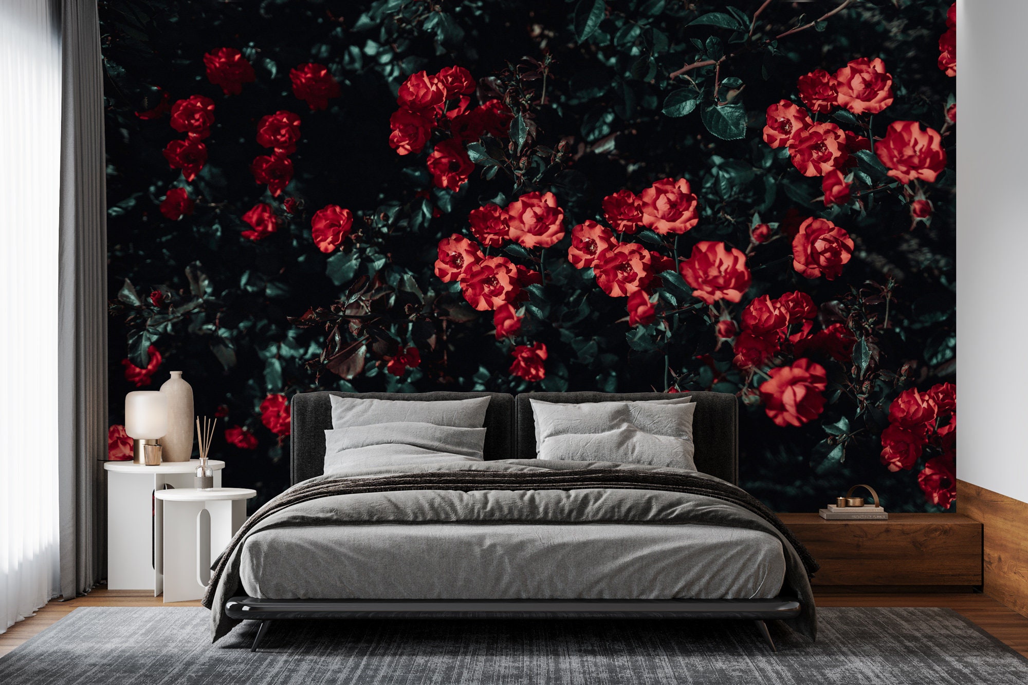 Red Flowers Wallpaper, Red Floral Wall Mural, Bush Rose Peel and Stick ...
