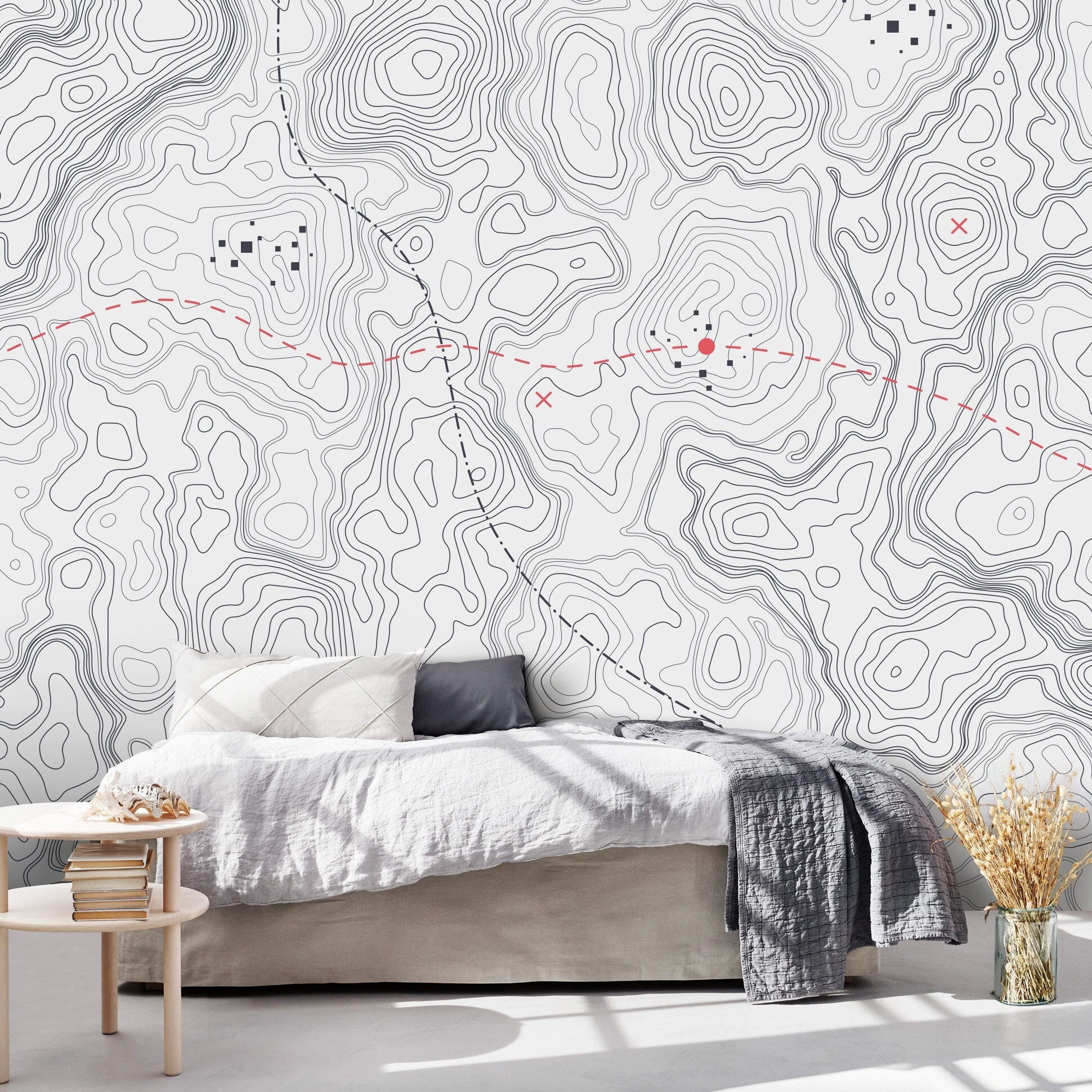 Topographic Topo Map Wallpaper, Black White Background Wall Mural ...
