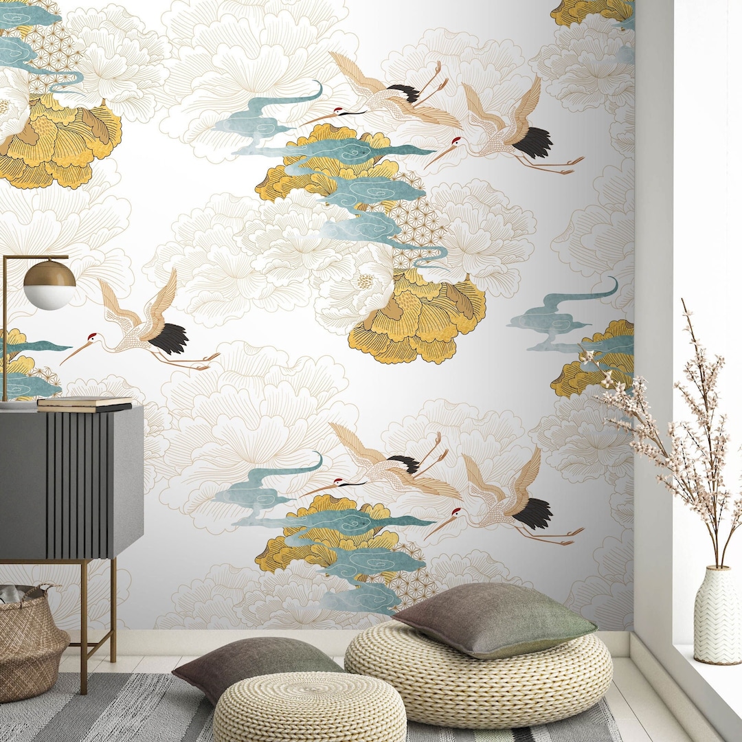 Birds Wallpaper, Cranes Wall Mural, Gold Luxury Watercolor Peel and ...