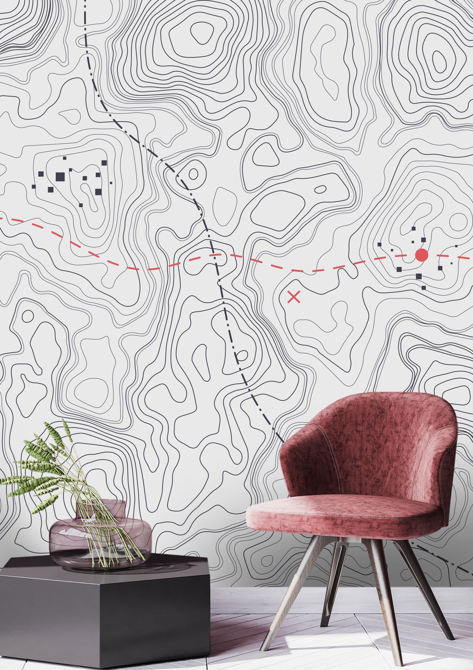 Topographic Topo Map Wallpaper, Black White Background Wall Mural ...