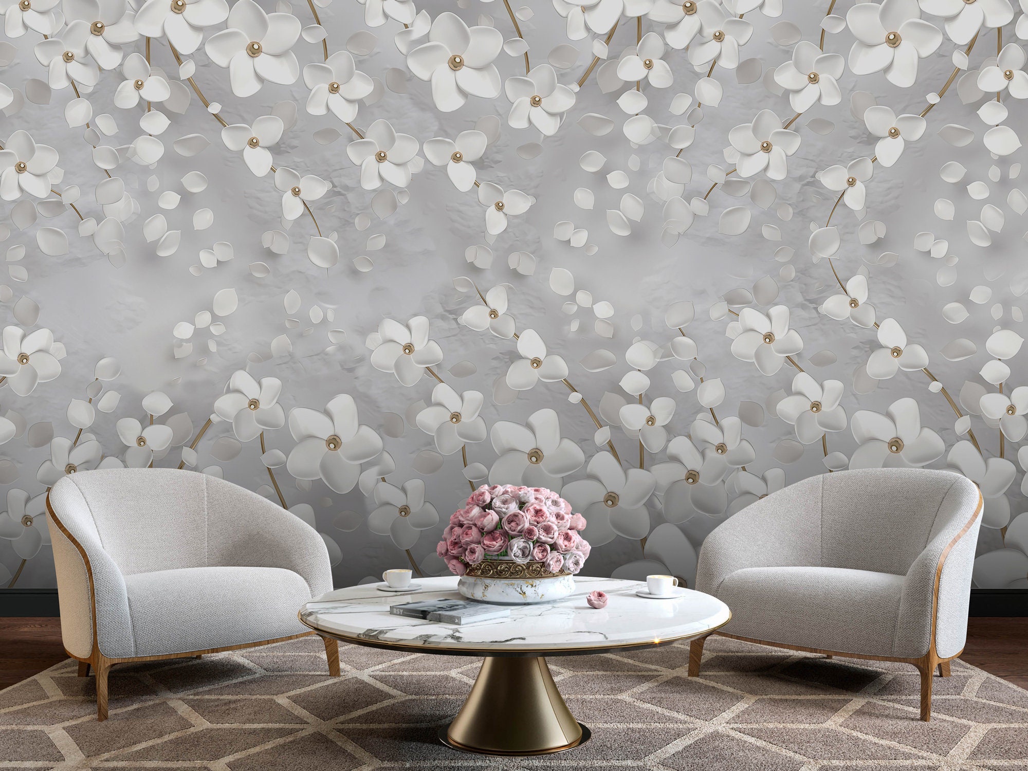 3D Flower Wallpaper, White Floral Wall Mural, Gold Peel and Stick ...