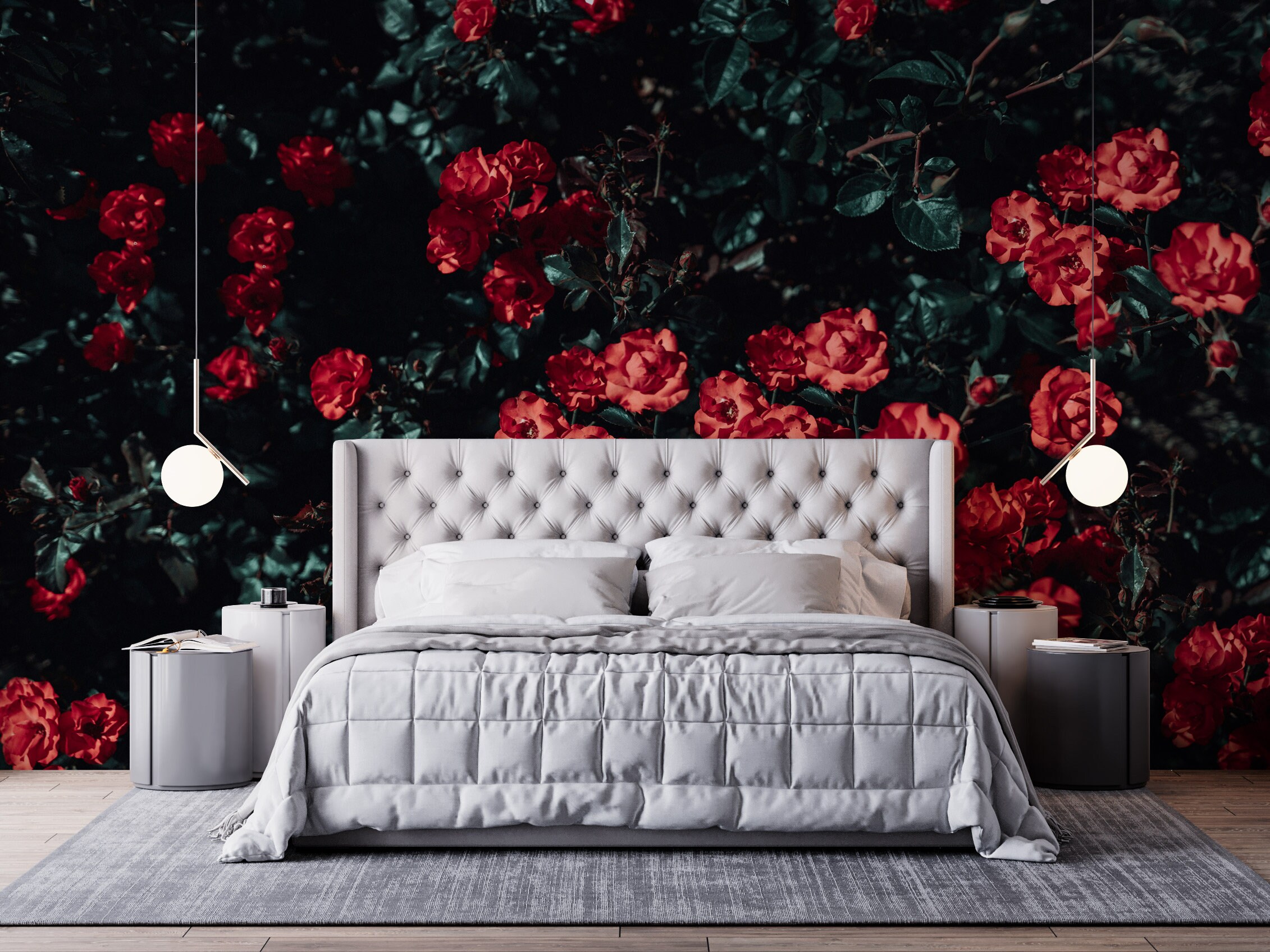 Red Flowers Wallpaper, Red Floral Wall Mural, Bush Rose Peel and Stick ...