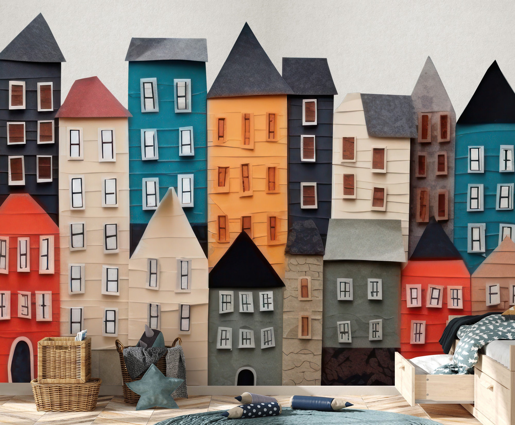 Town Kids Wallpaper Large Town Peel and Stick Wall Mural - Etsy