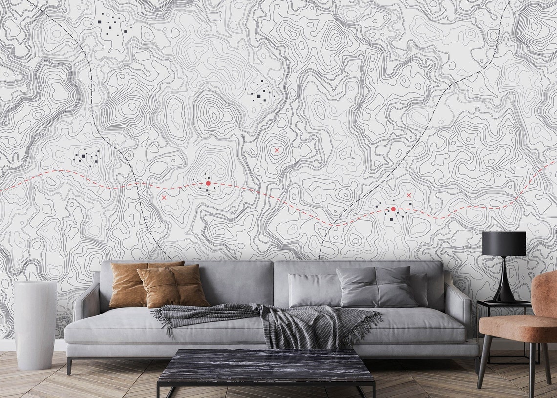 Topographic Topo Map Wallpaper, Black White Background Wall Mural ...