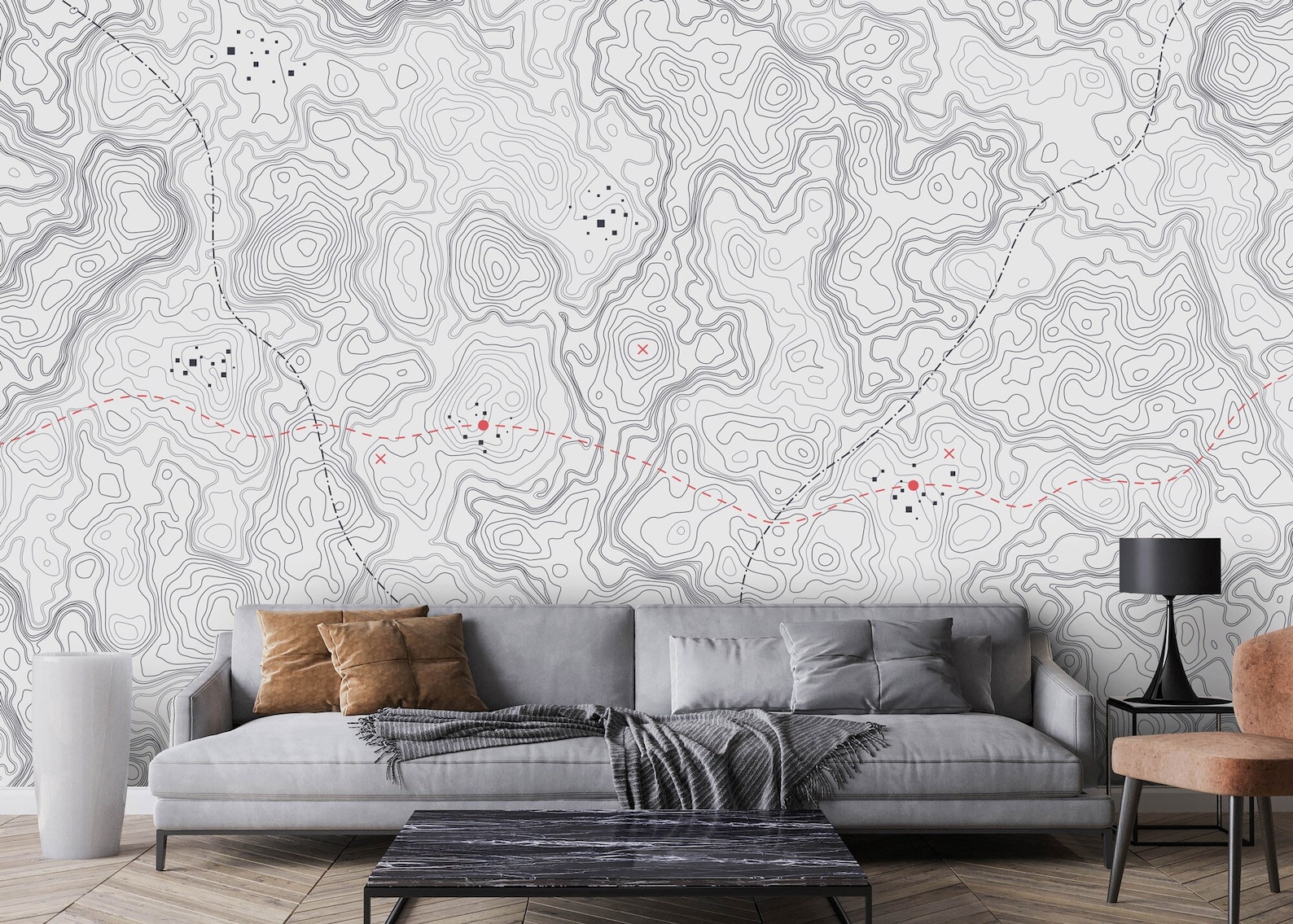 Topographic Topo Map Wallpaper, Black White Background Wall Mural ...