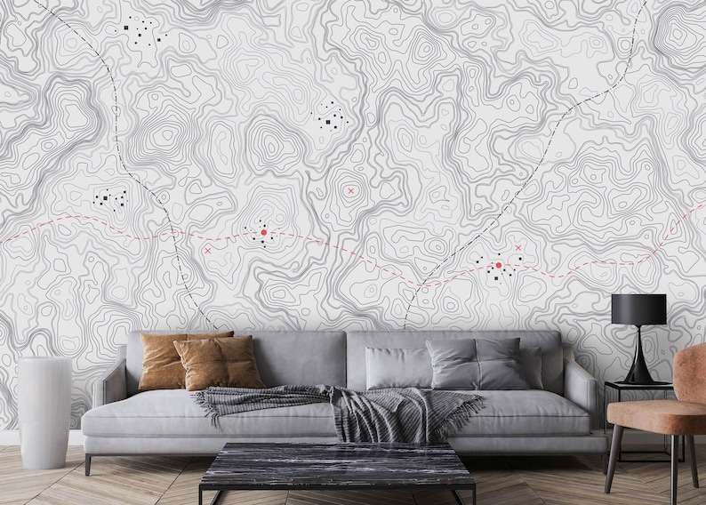 Topographic Topo Map Wallpaper, Black White Background Wall Mural ...