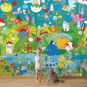 Cartoon Animal Kids Wallpaper: Colorful Peel and Stick Wall Mural - Etsy