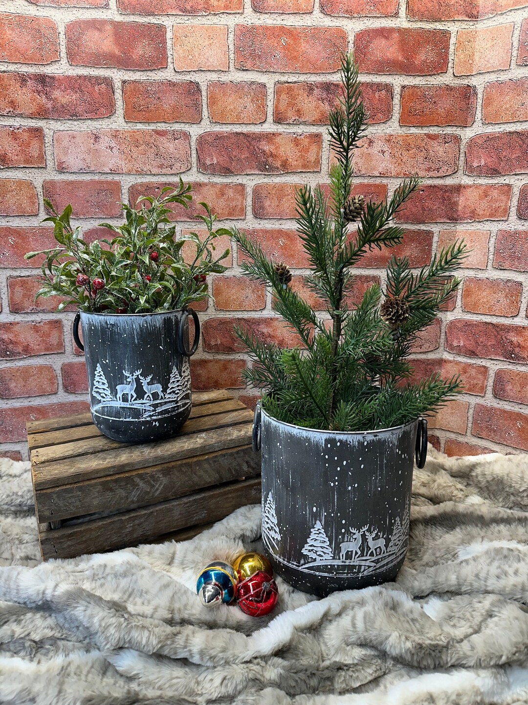 Large Rustic Charcoal Grey Winter Galvanized Bucket | Christmas ...