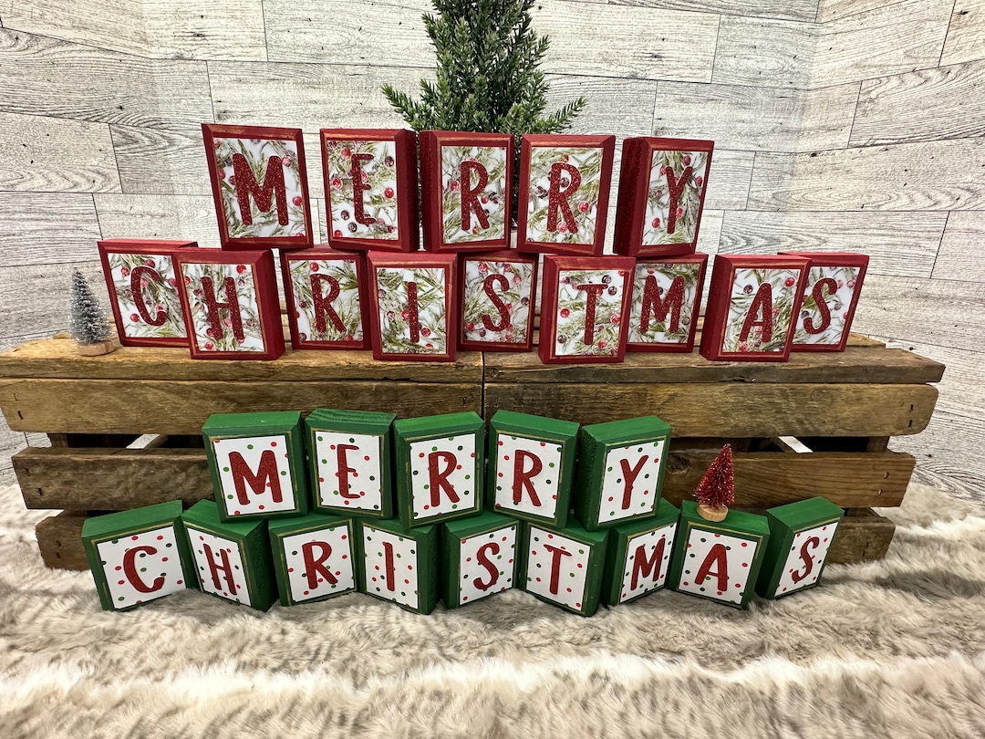 Merry Christmas Word Blocks, Farmhouse, Wooden Blocks, Mantel Decor ...
