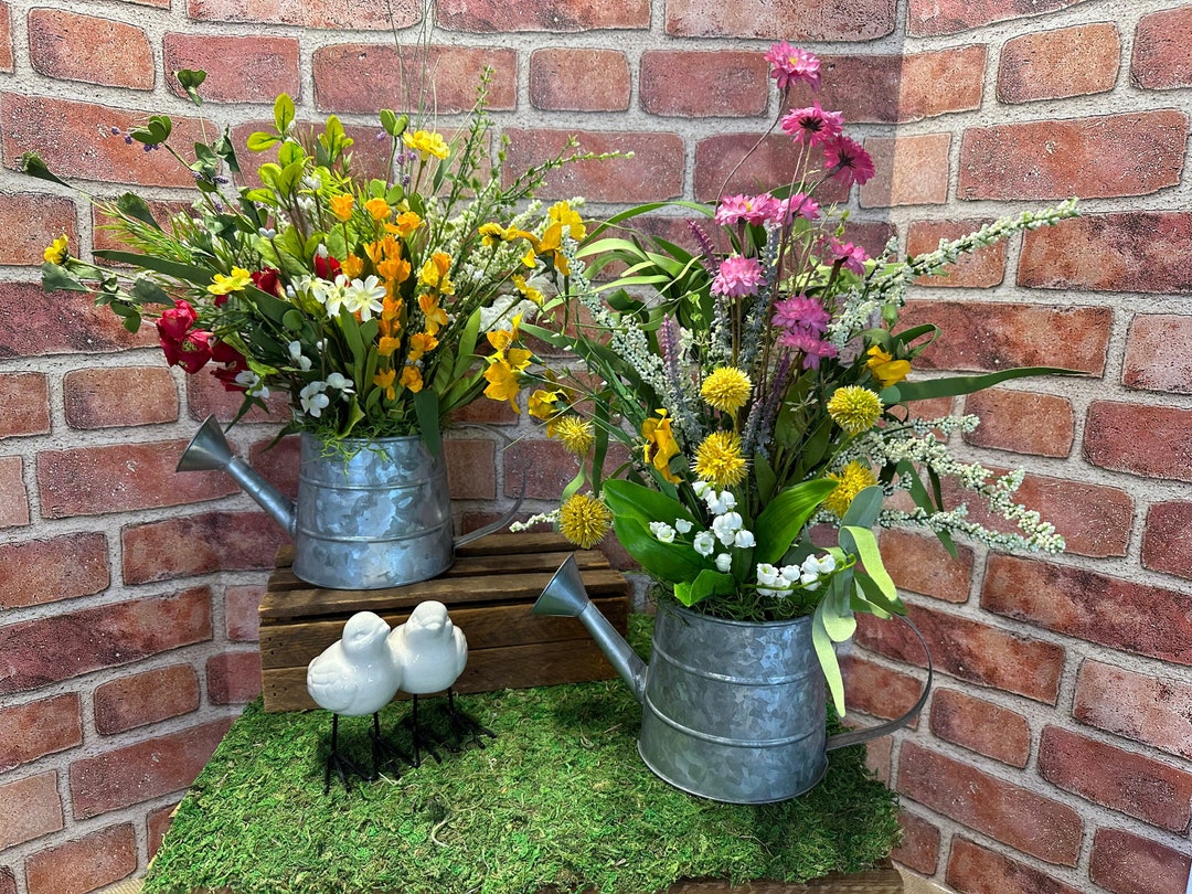 Spring Flowers in Galvanized Sprinkling Can | Farmhouse | Home Decor ...