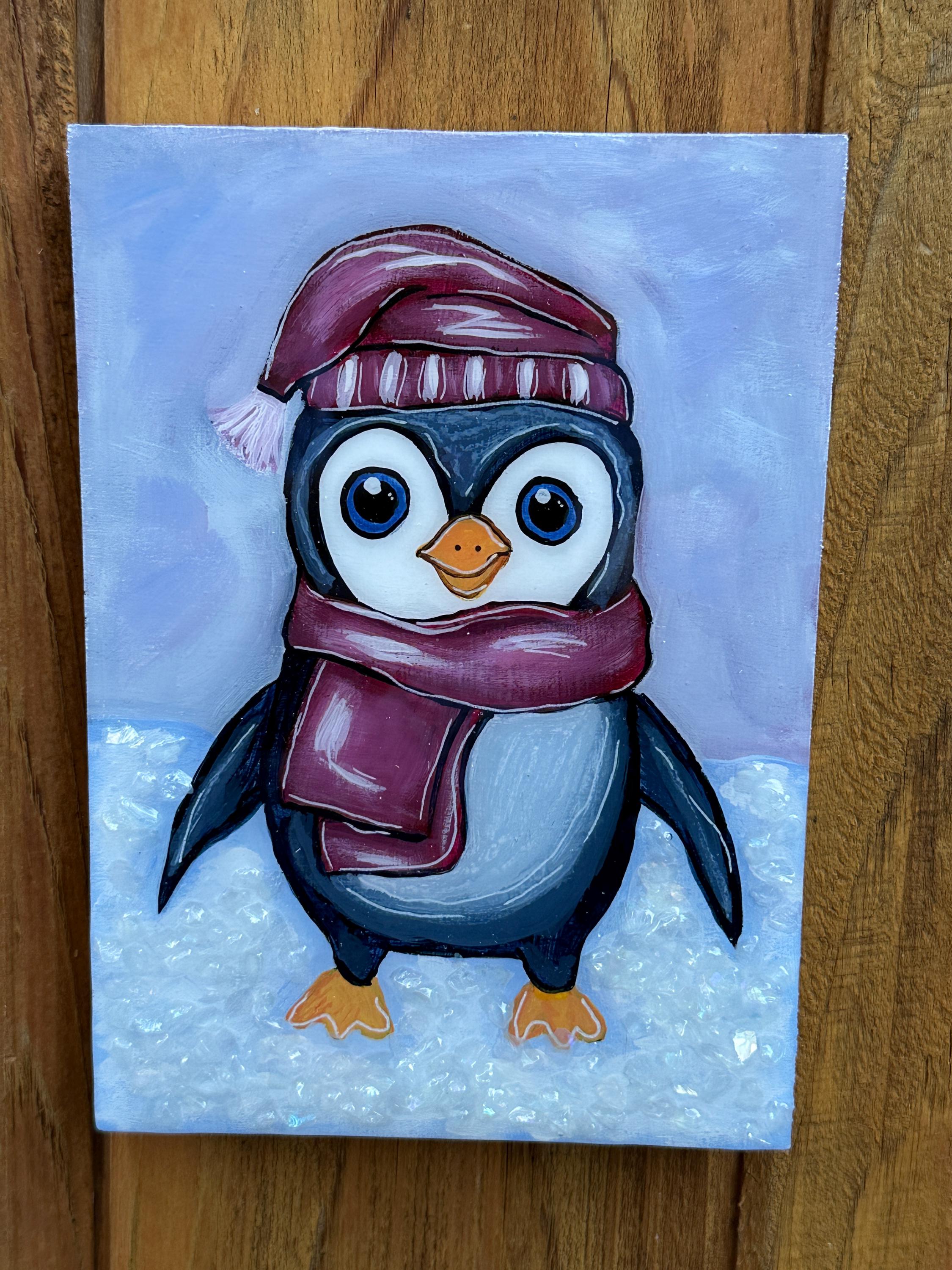 Penguin Acrylic Painting on 5x7 Wood Canvas – Festive Art With Crushed ...