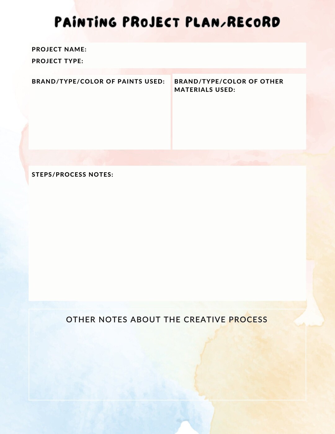 Downloadable Painting Project Plan/record One-page Template Art Project ...