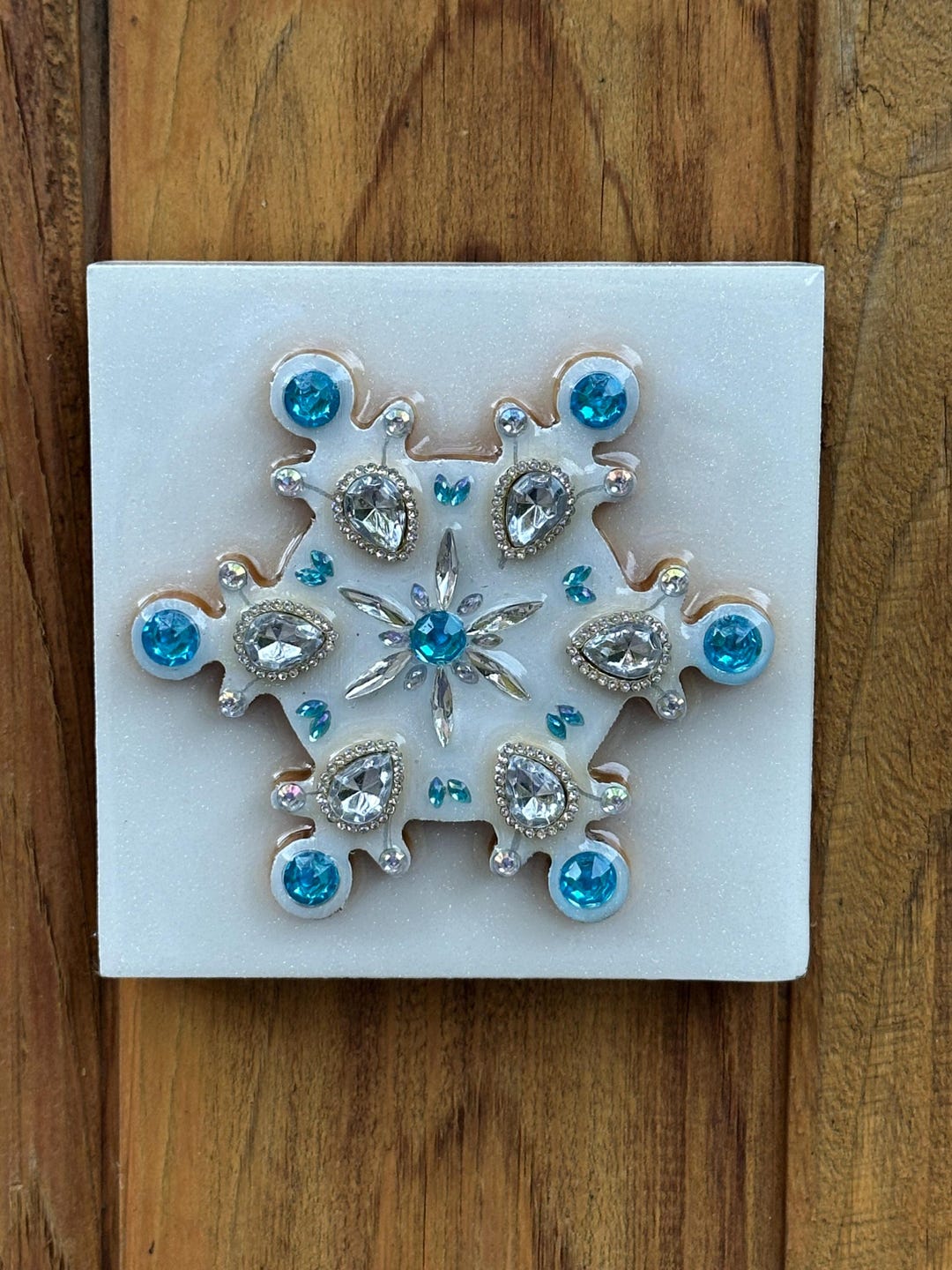 Snowflake Acrylic Painting on 5x5 Wood Canvas – Embellished Winter Art ...