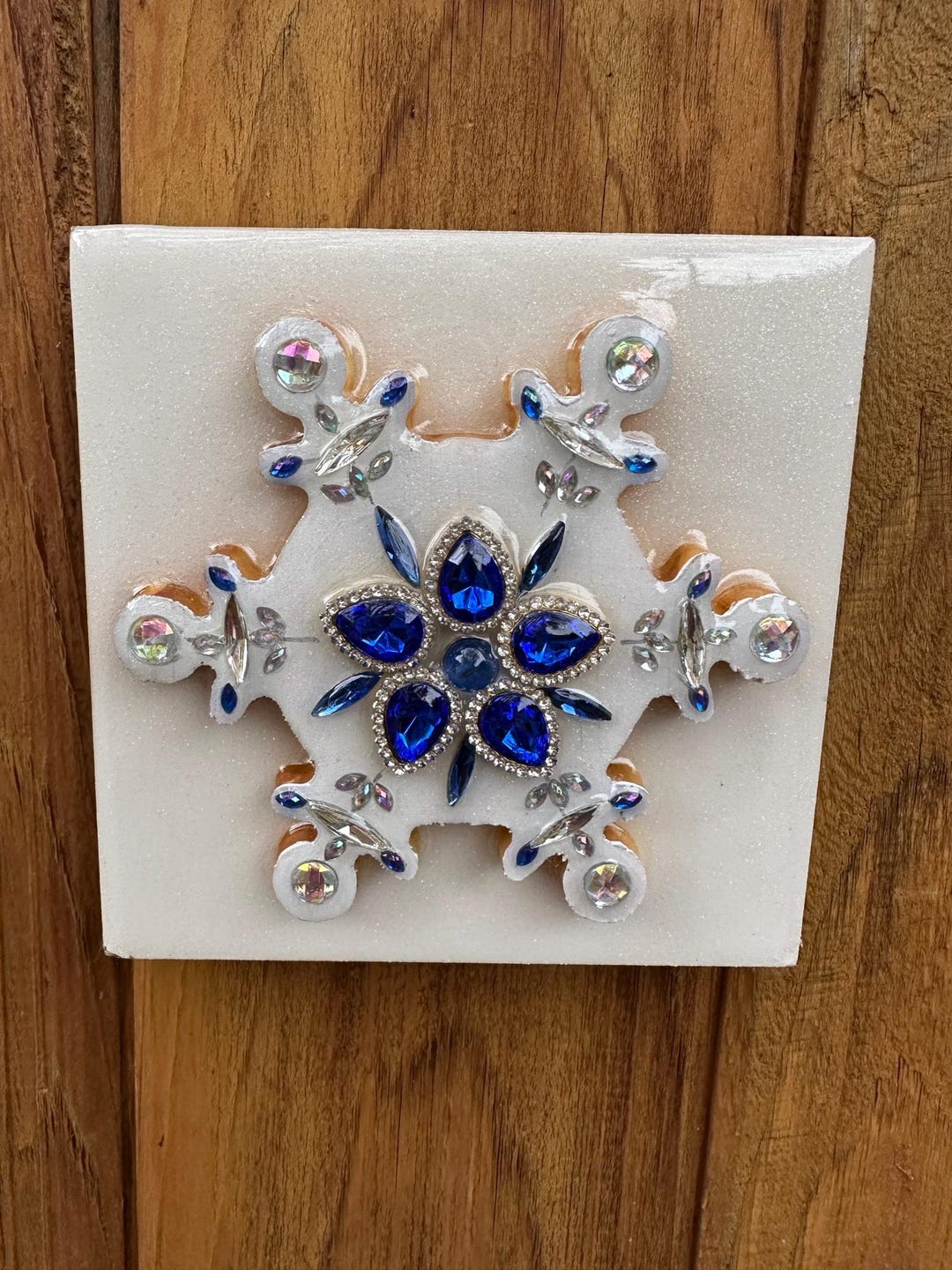 Snowflake Acrylic Painting on 5x5 Wood Canvas – Embellished Winter Art ...