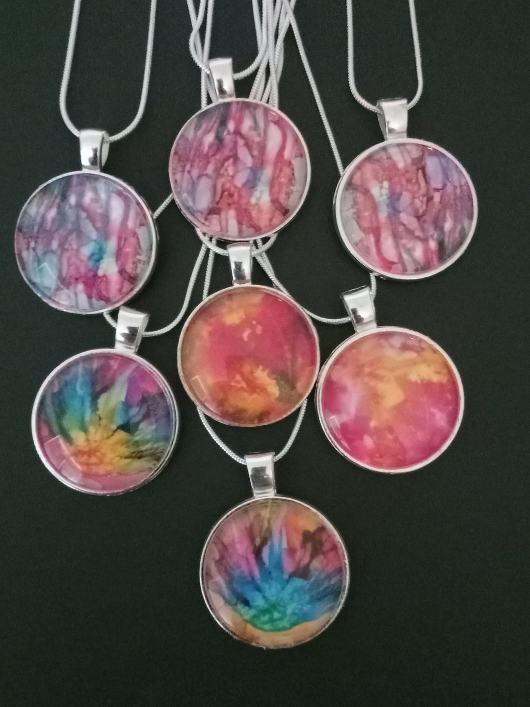 Round Glass Cabochon Pendants With Abstract Photos and 20 Silver Chains ...