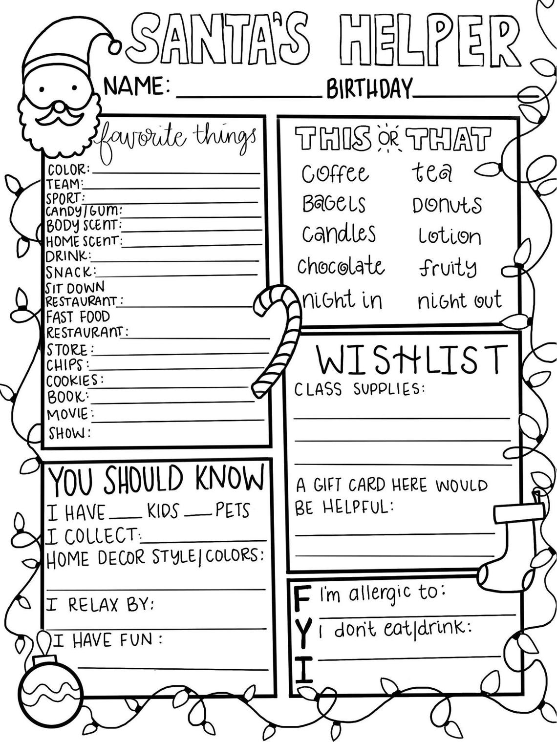 Teacher Questionnaire, Santa's Helper Form, Christmas Gift ...