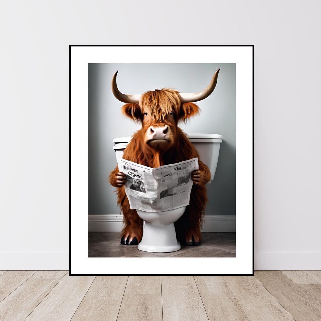 Highland Cow Sitting on the Toilet Reading a Newspaper, Funny Bathroom ...