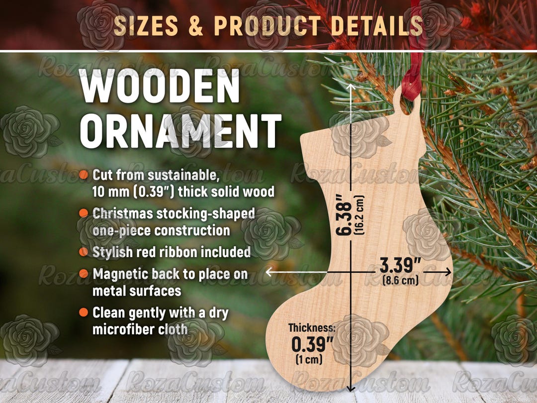 Christmas Stocking Shaped Wooden Ornament Size Chart and Product ...