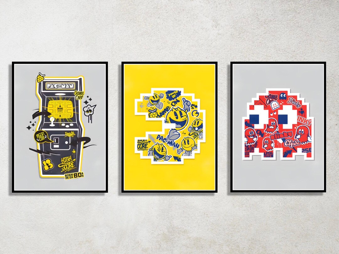 Set of 3 Pac-man Digital Download Poster Bundle for Bedroom Decor ...