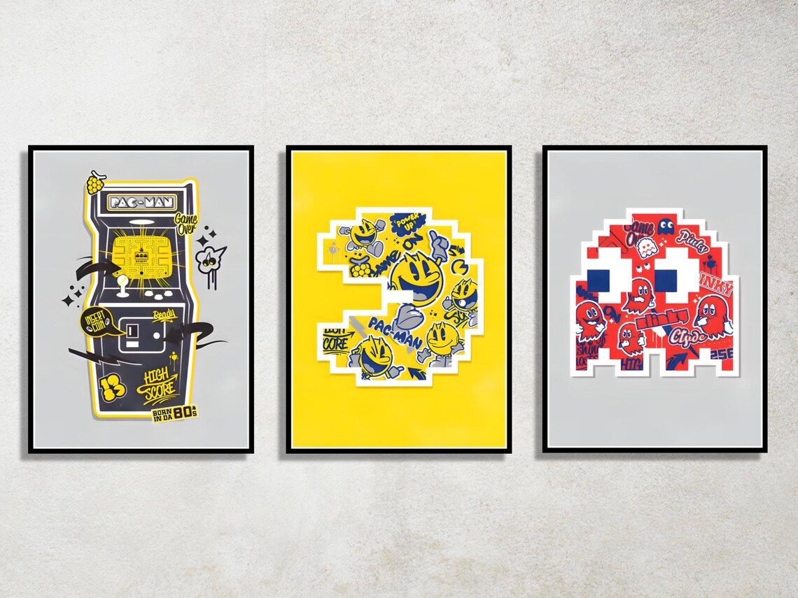 Set of 3 Pac-man Digital Download Poster Bundle for Bedroom Decor ...