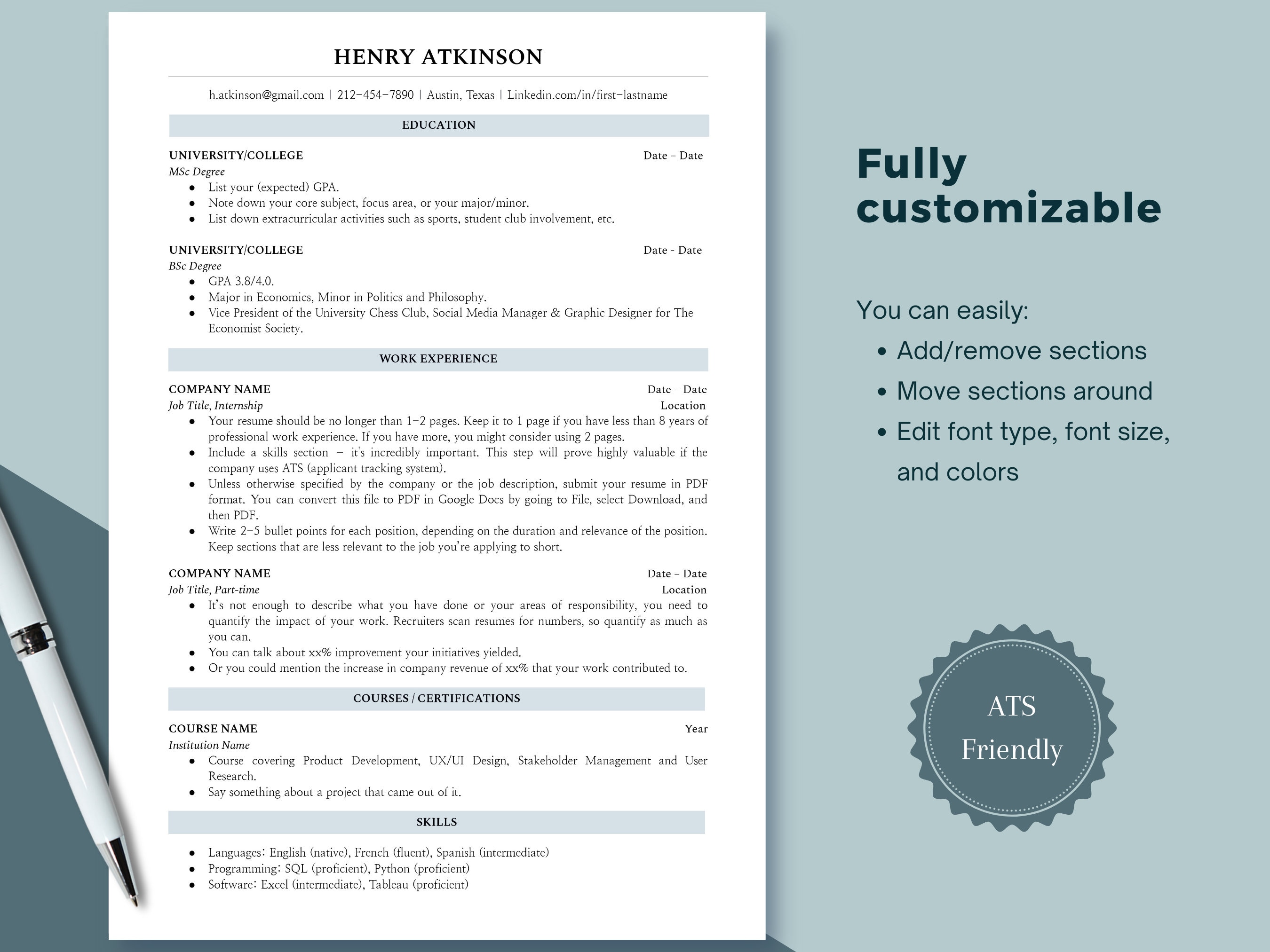 Fresh Grad CV Resume Template for Word, New Graduate Modern Resume, 1 ...
