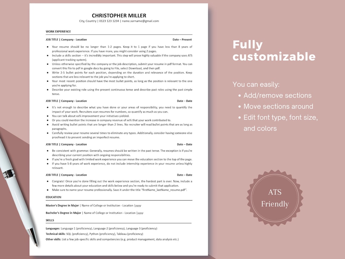 Professional Minimalist Resume Template Single Column Format for Word ...