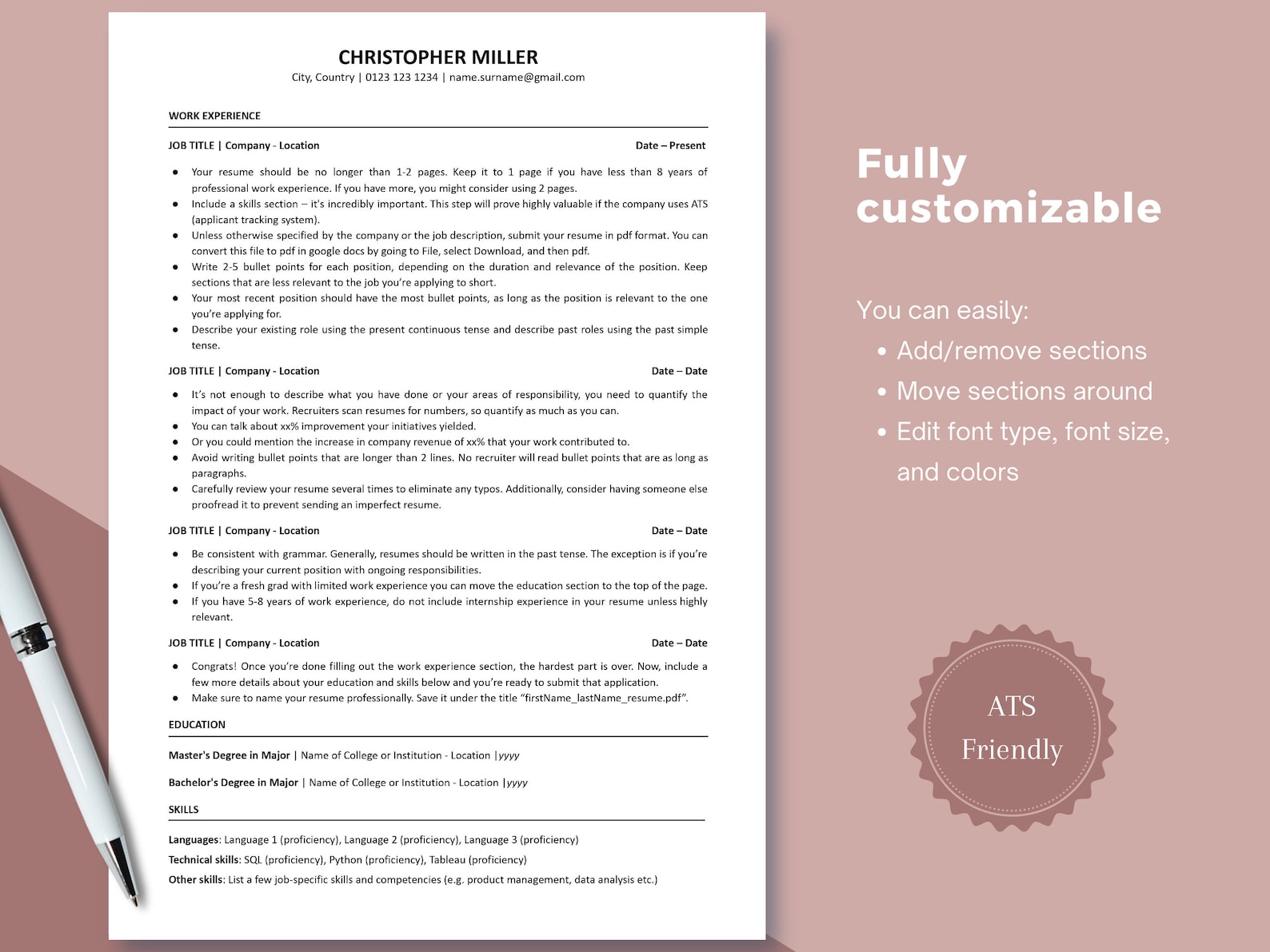 Professional Minimalist Resume Template Single Column Format for Word ...