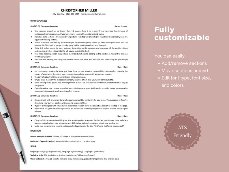 Professional Minimalist Resume Template Single Column Format for Word ...