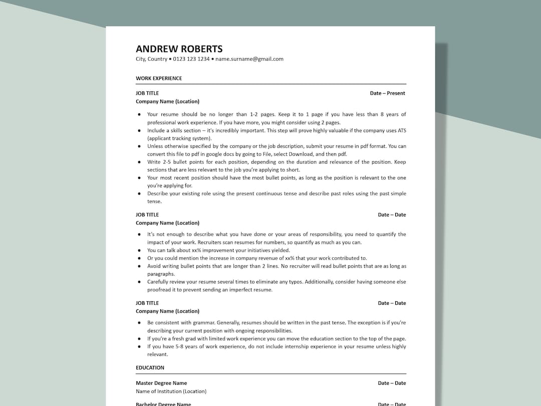 Professional Minimalist Resume Template for Google Docs, Microsoft Word ...