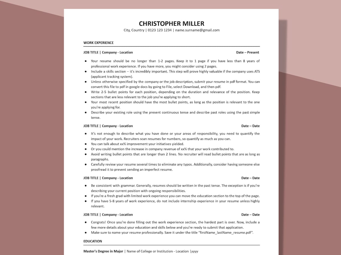 Professional Minimalist Resume Template Single Column Format for Word ...