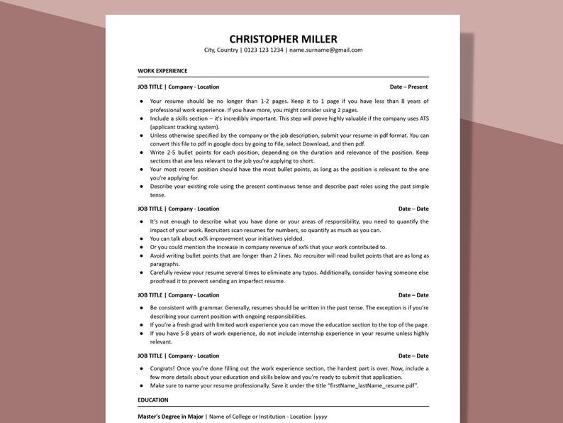 Professional Minimalist Resume Template Single Column Format for Word ...