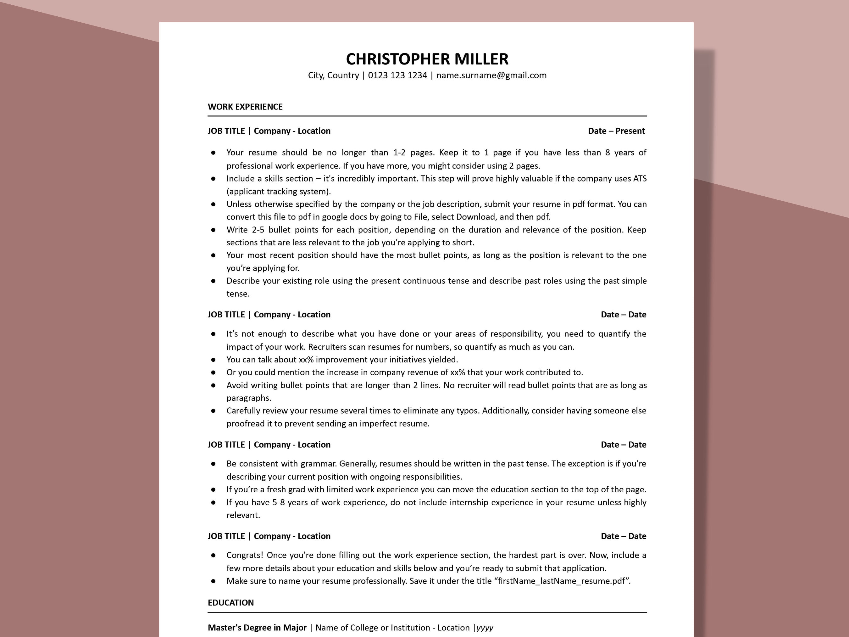 Professional Minimalist Resume Template Single Column Format for Word ...