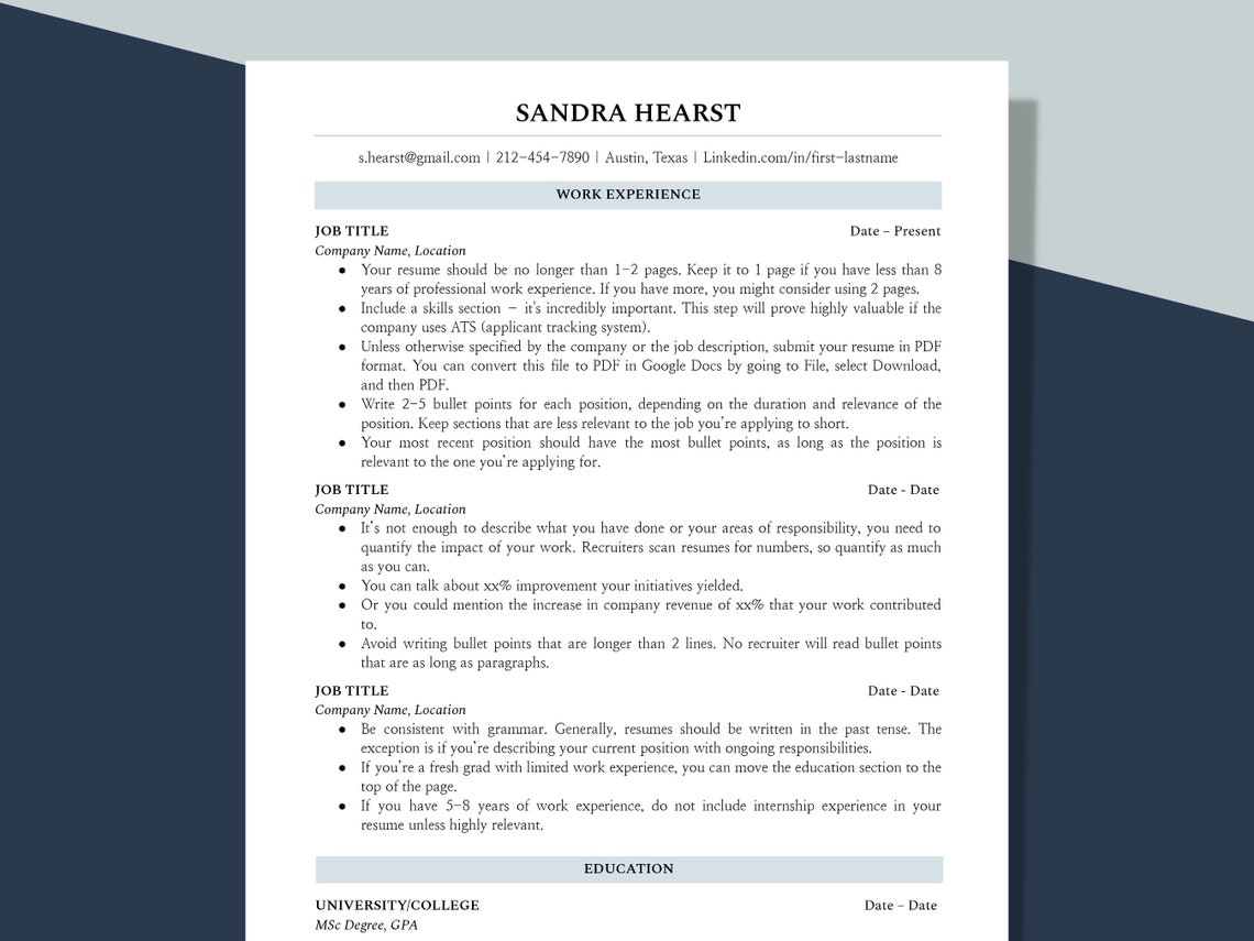 Professional Minimalist Resume Template Single Column Format for Word ...