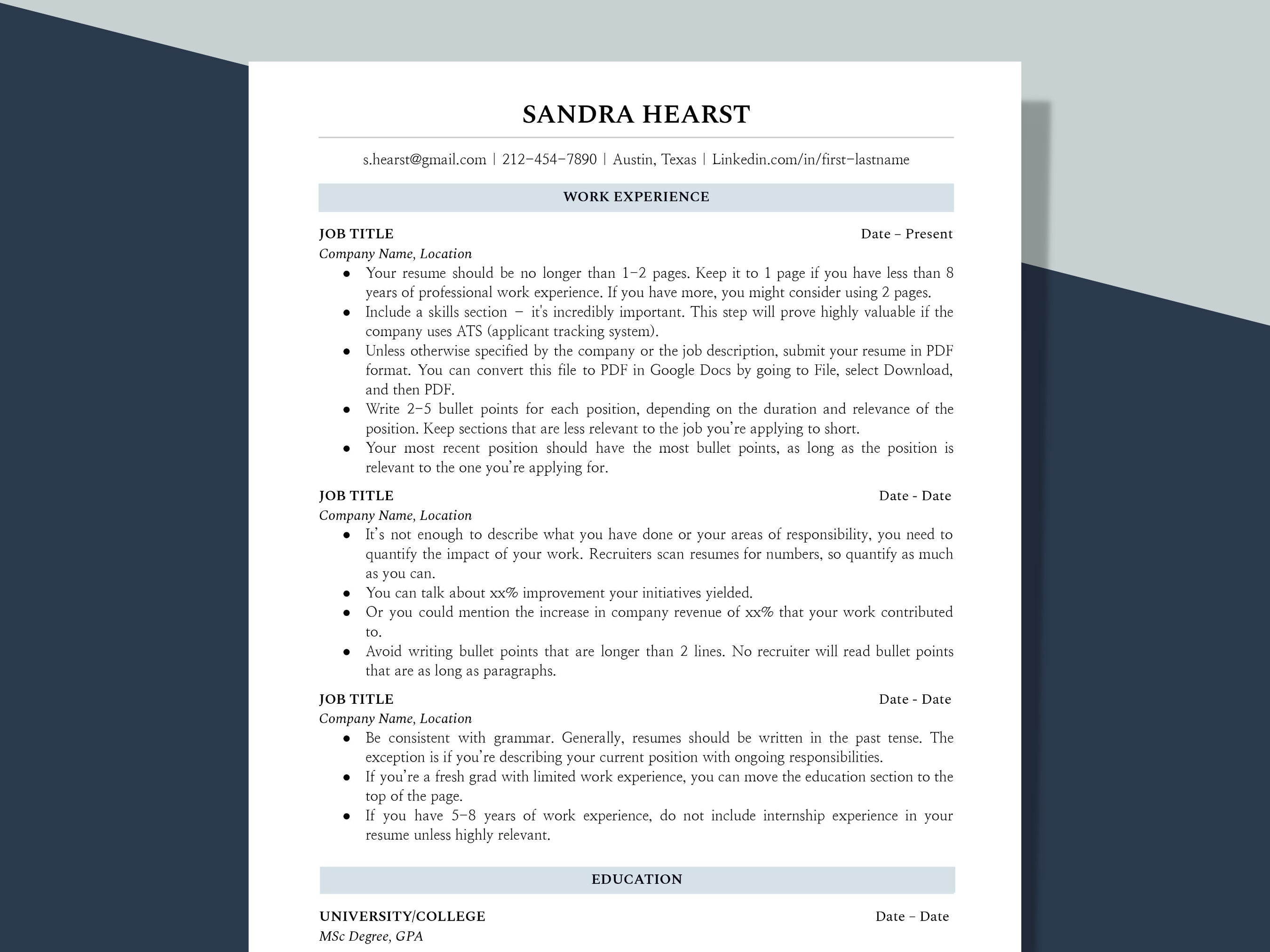 Professional Minimalist Resume Template Single Column Format for Word ...