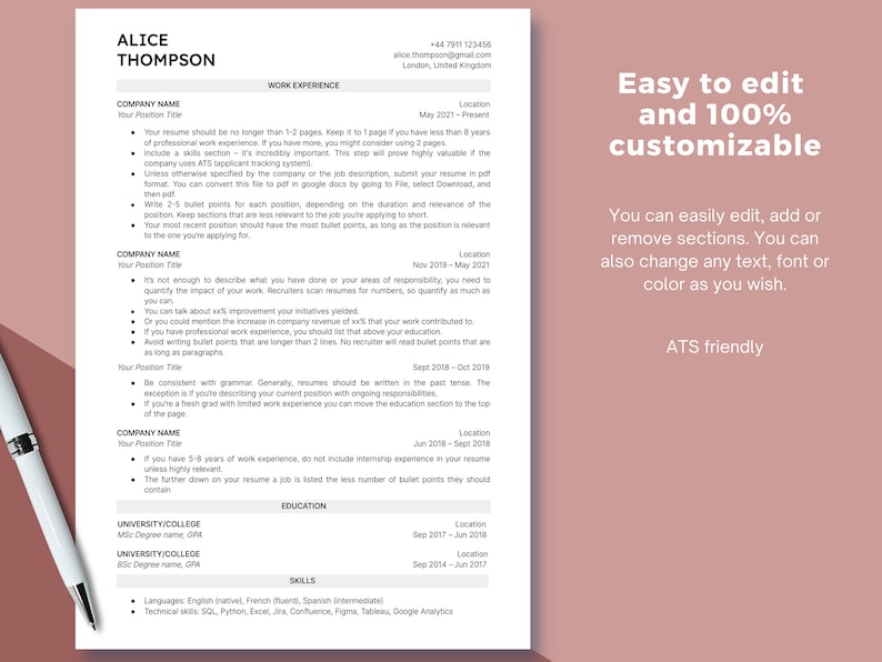 Minimalist Simple Single Column Format Resume Template for Word, Google ...