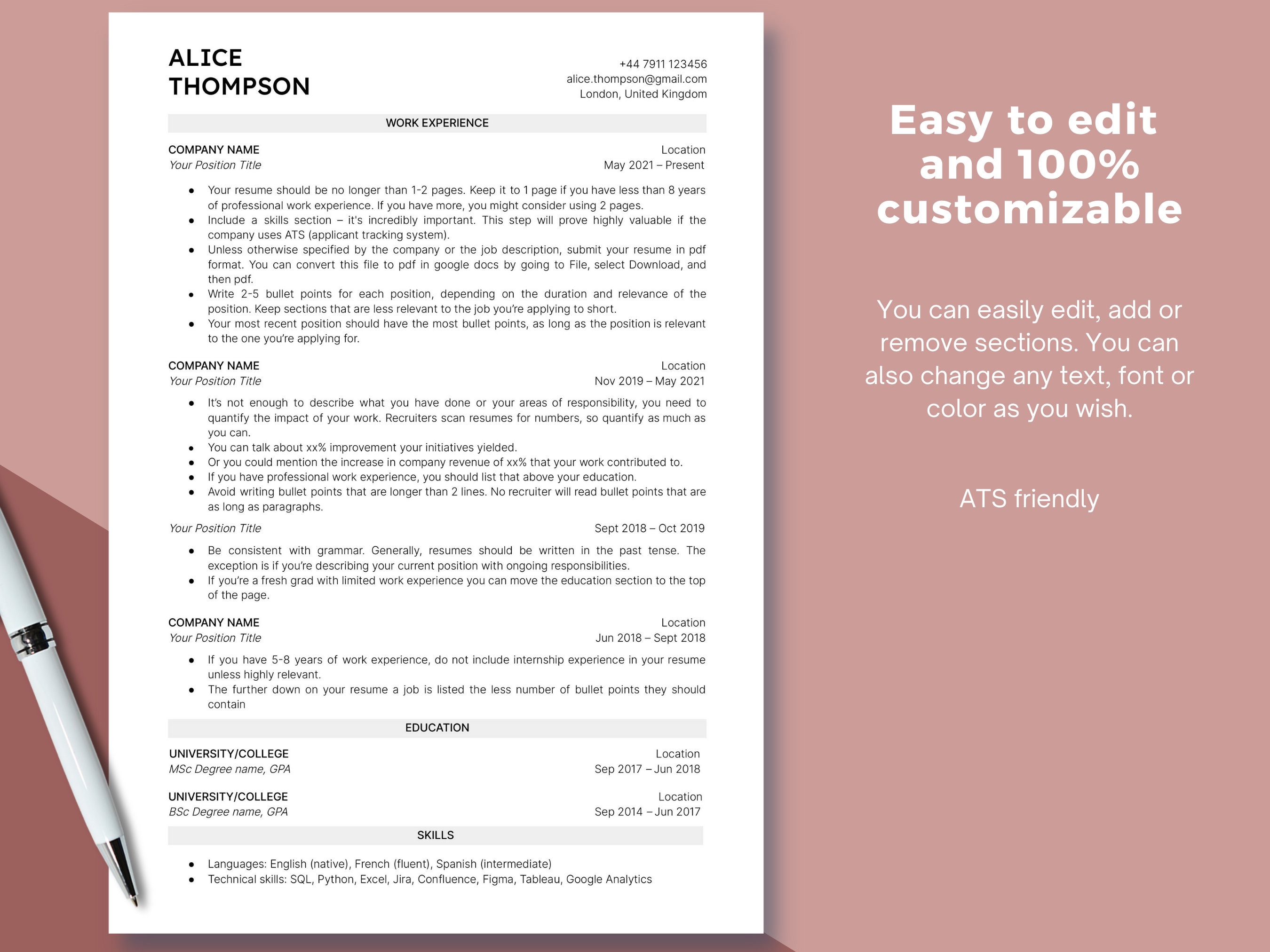 Minimalist Simple Single Column Format Resume Template for Word, Google ...