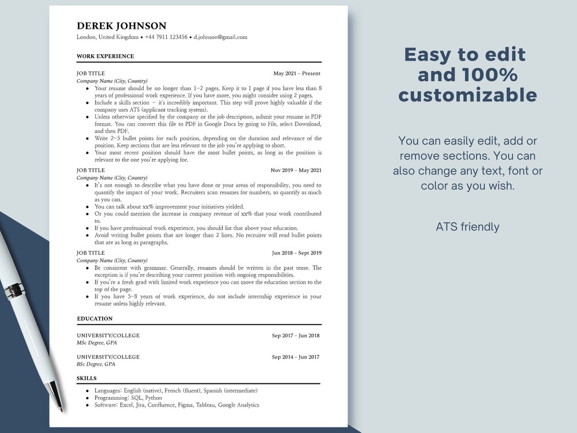 Minimalist Simple CV Resume Template for Word, Google Docs, 1 Page ...