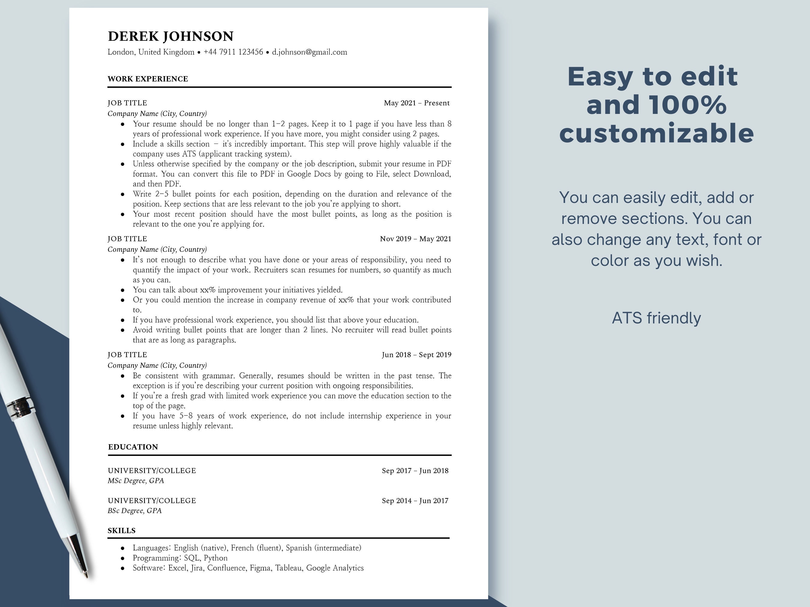 Minimalist Simple CV Resume Template for Word, Google Docs, 1 Page ...