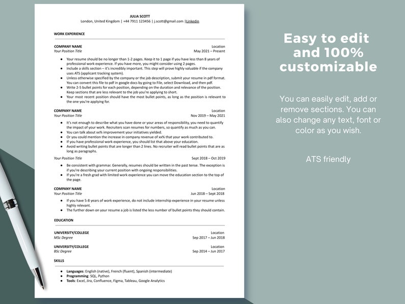 Professional Minimalist Resume Template for Google Docs, Microsoft Word ...