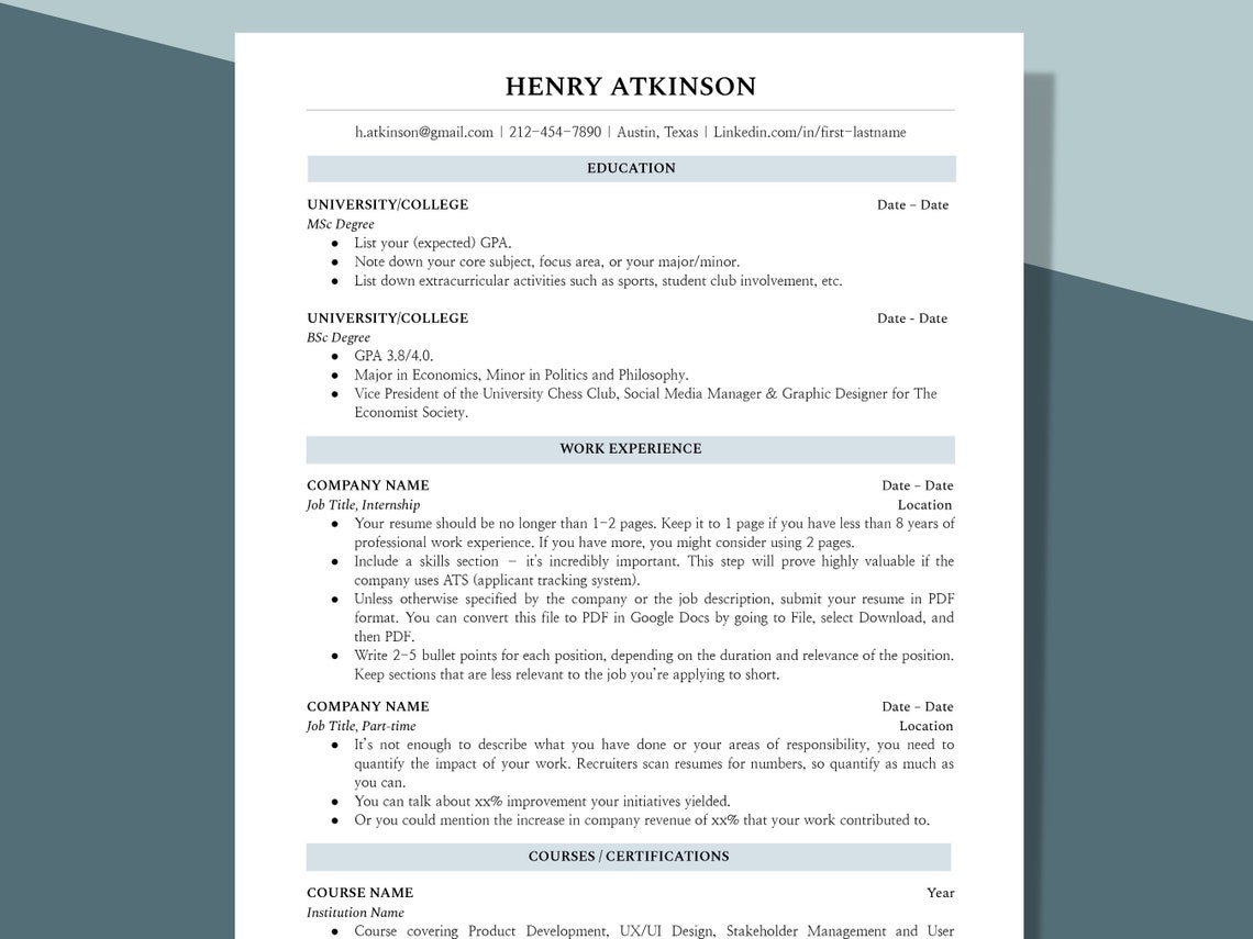 Fresh Grad CV Resume Template for Word, New Graduate Modern Resume, 1 ...
