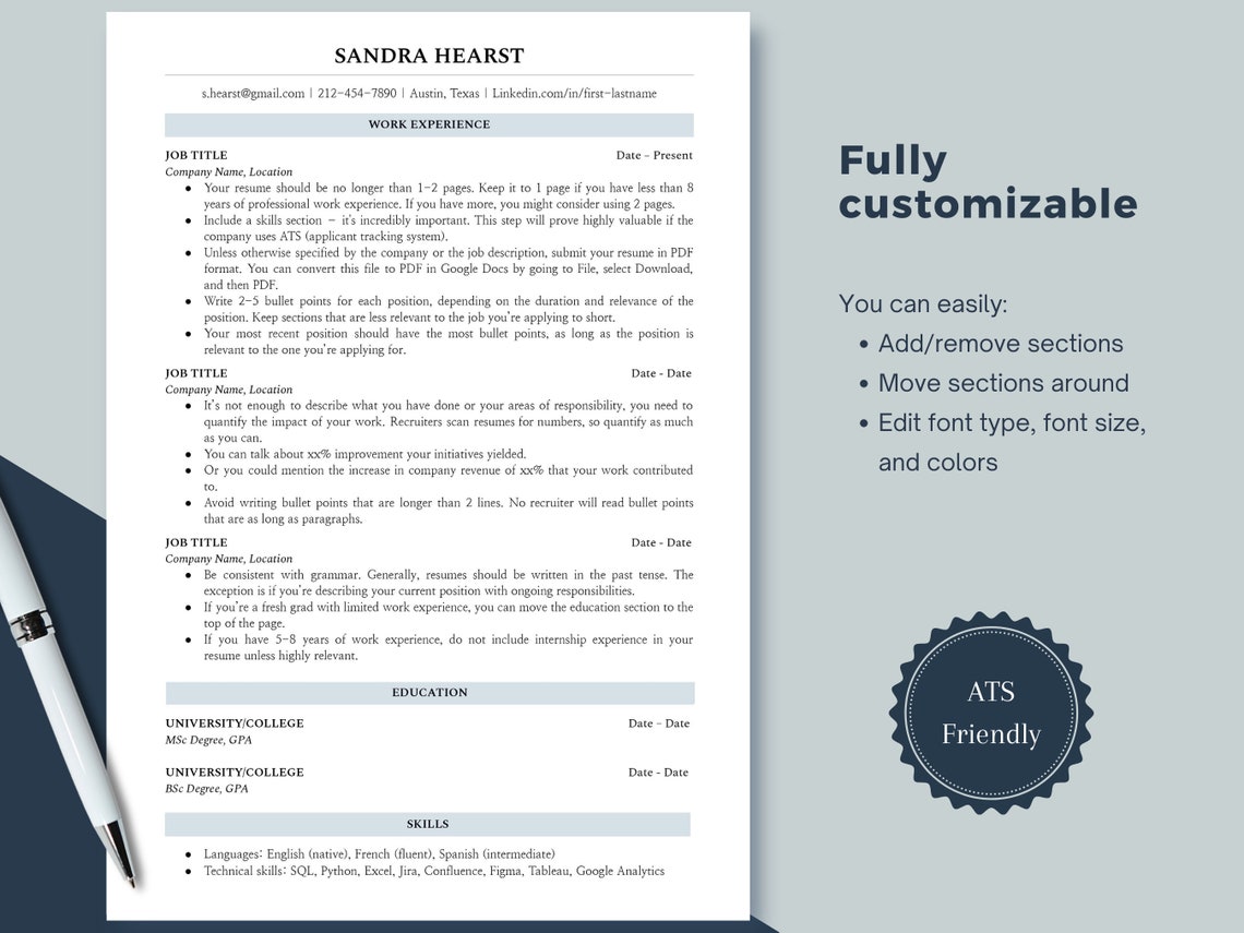 Professional Minimalist Resume Template Single Column Format for Word ...