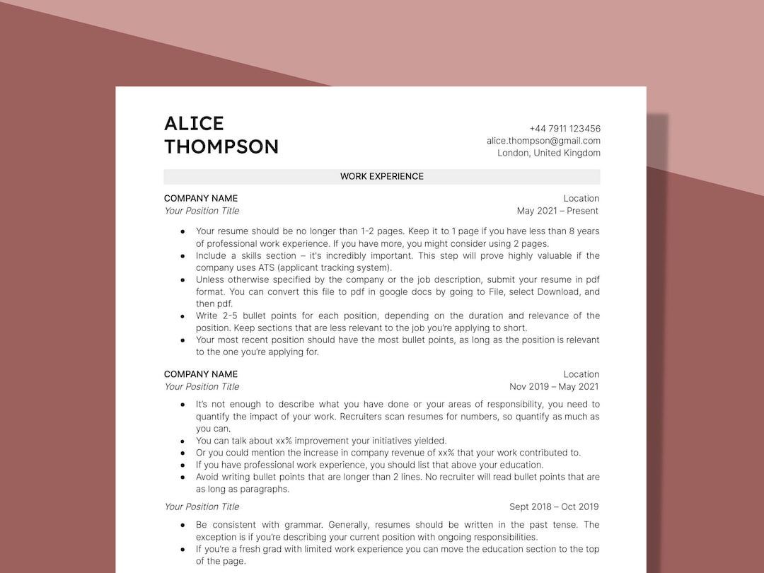 Minimalist Simple Single Column Format Resume Template for Word, Google ...